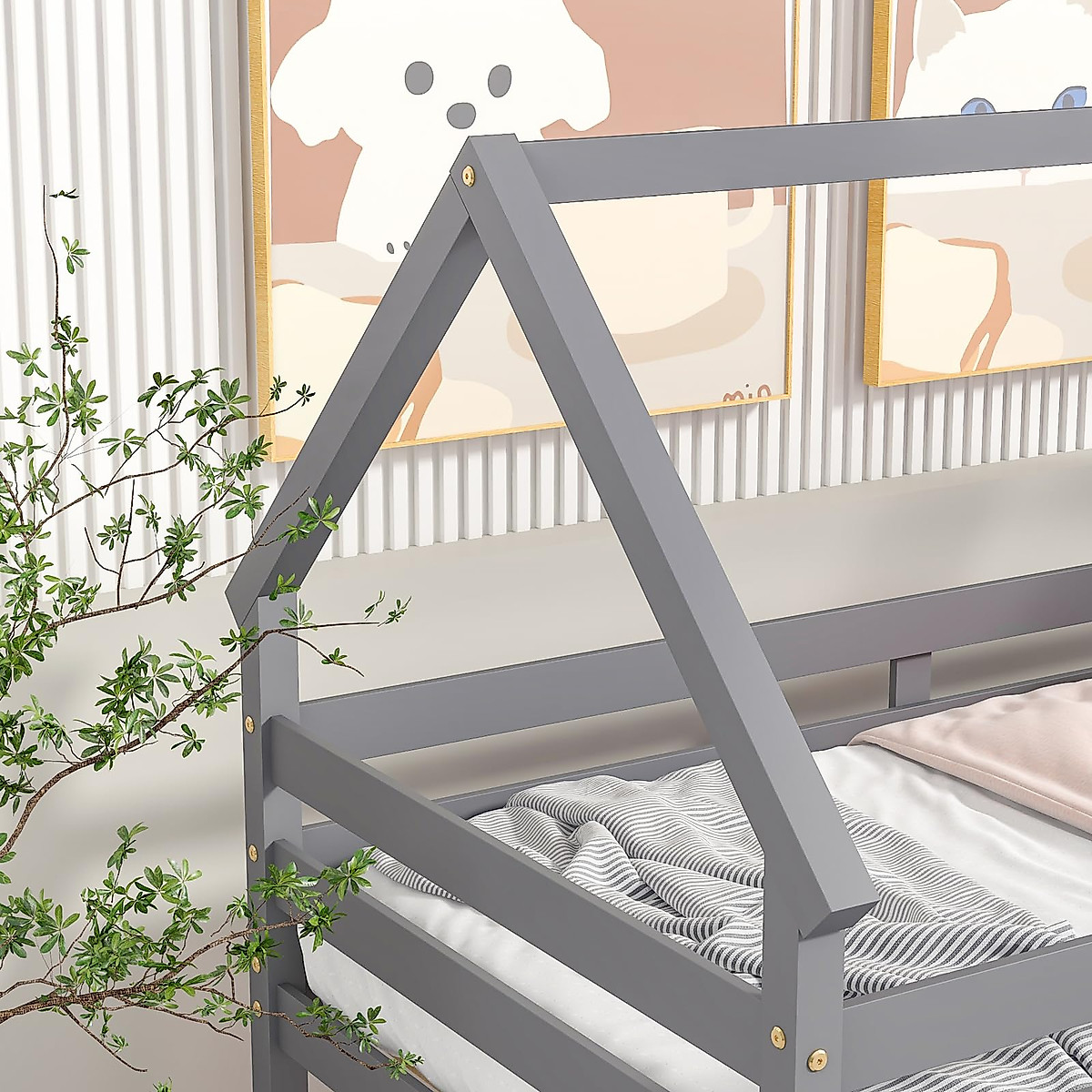 AnwickNomo Twin Over Twin Low Loft Bed, Wood Bunk Bed with House Shape and Full-Length Guardrail, Kids Bed for Boys Girls and Teens, Space-Saving, Solid Wood Frame, No Box Spring Needed (Grey)