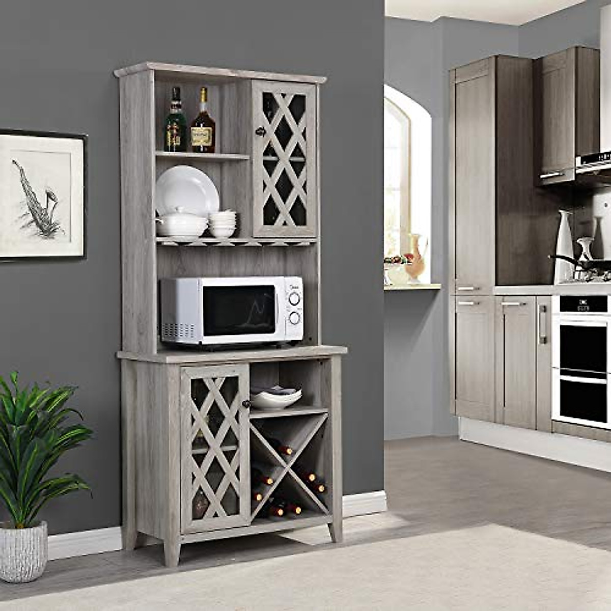 Home Source Home Lounge or Kitchen Bar Mix of Two Cabinets with Diamond Engraved Design and a Twelve Bottle Wine Rack, Grey