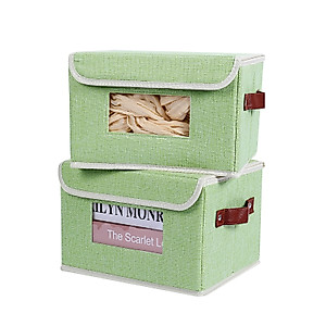 ANMINY 2 PCS Fabric Storage Bins with Lid PU Leather Handles Clear Window Washable PP Plastic Board Decorative Foldable Lidded Cotton Linen Storage Boxes Baskets Closet Organizer - Green, Small Size