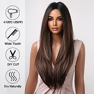Allbell Brown Wigs for Women Long Straight Layered Natural Hair Wig with Dark Brown Roots Middle Part Synthetic Wig