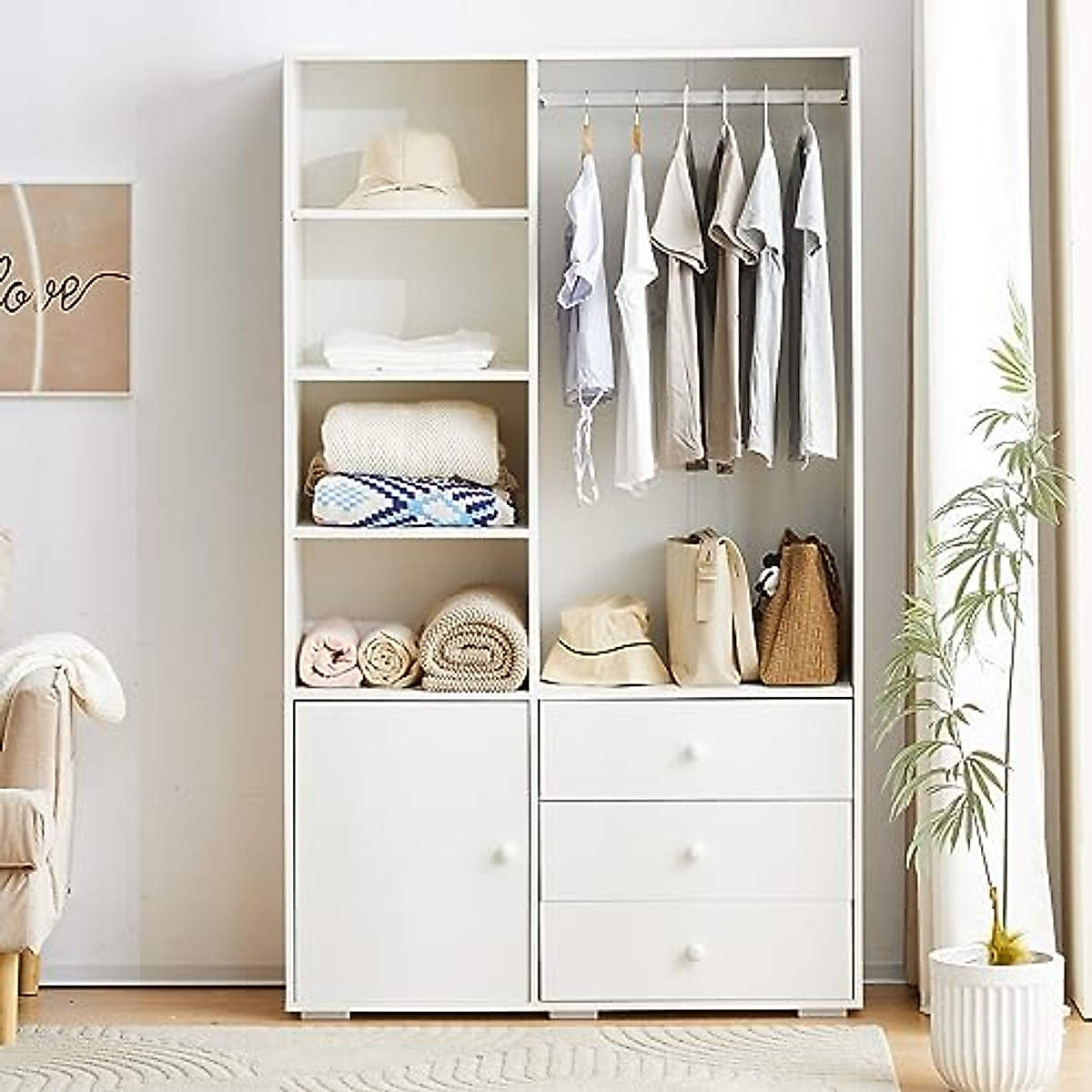 UDeuxff Bedroom Armoire，Wardrobe Armoire Closet, Drawers and Shelves, Handles, Hanging Rod, for Bedroom ，White (A)