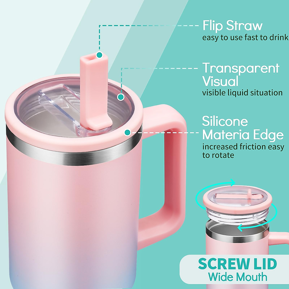 BENZZO 40 oz Tumbler with Handle and Straw - 100% Leak Proof Stainless Steel Travel Cups Insulated for Hot and Cold, Pink Blue Hydro Mug Insulated Tumbler Water Cup for Women Birthday Gifts