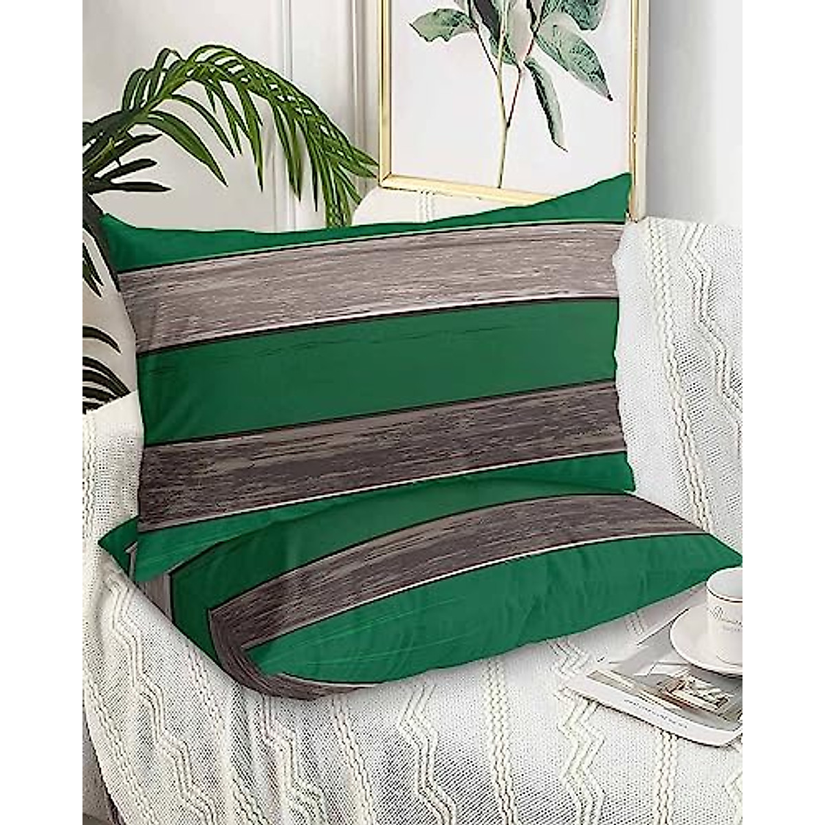 Edwiinsa Turquoise Brown Ombre Pillow Covers King Standard Set of 2 20x36 Bed Pillow, Farmhouse Teal Wooden Striped Plush Soft Comfort for Hair/Skin Cooling Pillowcases with Envelop Closure