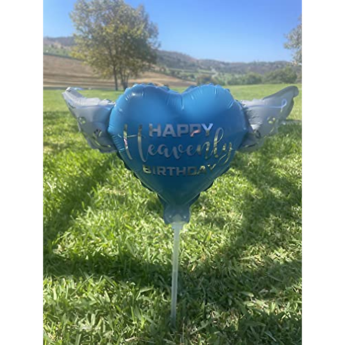 Heavenly Balloons on a stick Happy Heavenly Birthday blue balloon heart shaped with angel wings