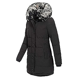 Womens Winter Puffer Coats Warm Faux Fur Hood Zip Up Padded Down Jackets Plus Size Waterproof Parka Outwear with Pocket Black