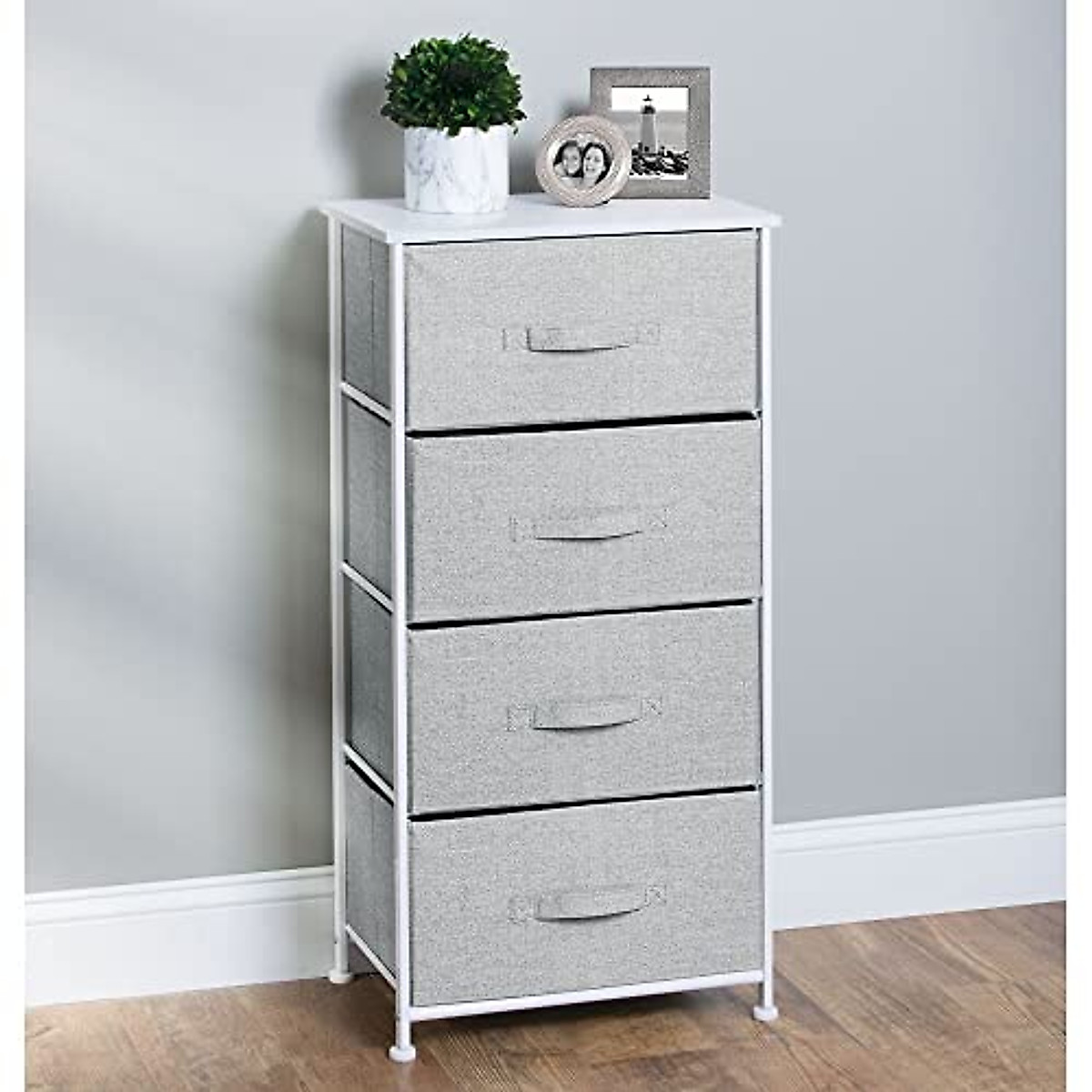 mDesign Tall Dresser Storage Tower Stand with 4 Removable Fabric Drawers - Steel Frame, Wood Top Organizer for Bedroom, Entryway, Closet - Lido Collection - Gray