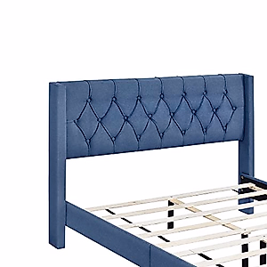 Lifeand Full Size Upholstered Platform Bed with Rubber Wood Legs,No Box Spring Needed, Linen Fabric,Blue
