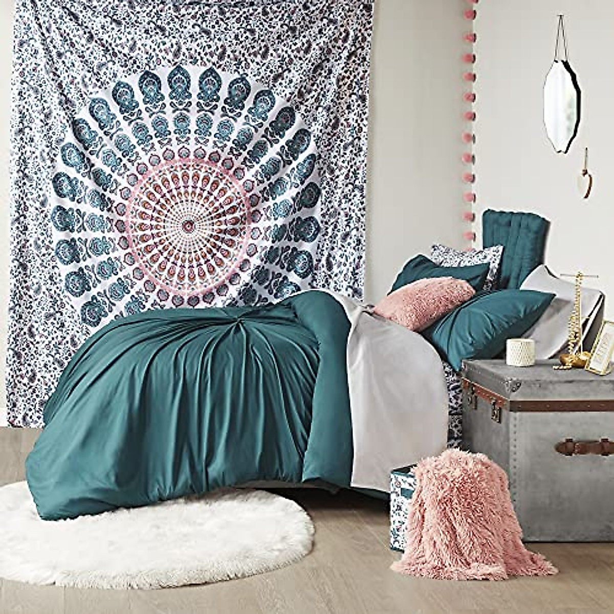 Comfort Spaces 17 Piece Bed in A Bag Comforter Set Include Sheets with 2 Side Pockets - All Season Cozy Bedding and Bedroom Organizer, College Dorm Room Essentials, Full, Henry, Teal