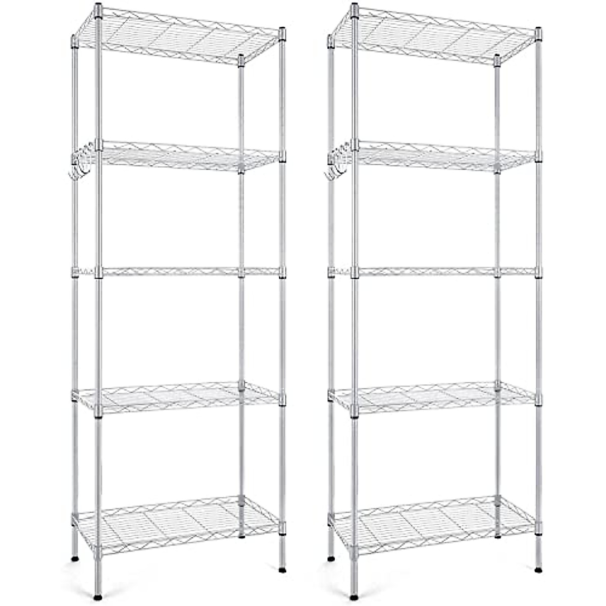 5-Shelf Shelving Units and Storage Heavy Duty, Wire Adjustable Shelf Utility Commercial Steel Organizer, Metal Shelves Wire Rack with 4 Hooks for Kitchen Bathroom Office and Garage, Set of 2 (Silver)