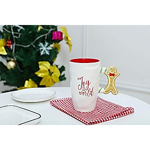 Joy To The World - Christmas Themed Ceramic Glossy 17 oz Mug With Large Gingerbread Man Handle (Microwave and Dishwasher Safe)