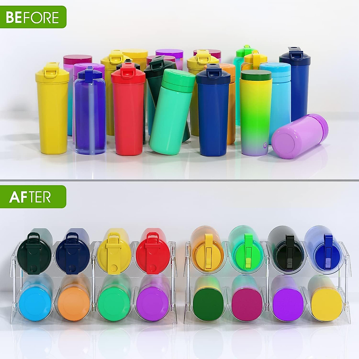 DWWFCC Large Water Bottle Organizer for Cabinet w 8 Hooks - Stackable Clear Bottle Storage Organizer, Acrylic Plastic Tumbler Travel Mug Cup Organizer Holder Wine Rack for Countertop-2oz to 32oz