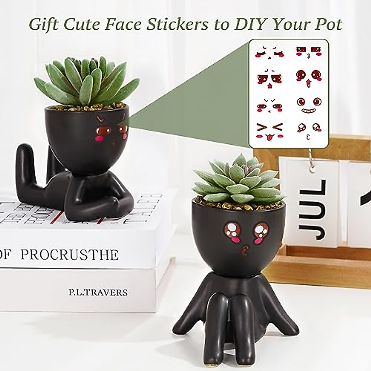 Yastouay 2 Pack Fake Succulents Plants Artificial Succulents Cute Faux Succulents in Black Human Shaped Pots Office Desk Decor for Women
