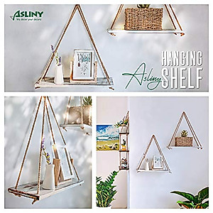 ASLINY [Set of 2 Distressed Wood Hanging Swing Rope Floating Shelves (Rustic White)