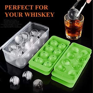 AIBIRUI Round Ice Cube Mold,2 x 8 PCS x 1.8'' Whiskey Ice Cubes,Circle Ice Cube Tray with Lid and Bin,Sphere Ice Ball Maker Mold,Large Ice Cube Molds for Cocktails,Coffee(Whiskey Ice Cubes Mold,Green)