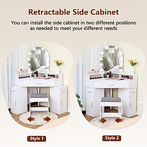 usikey Corner Vanity Desk with Mirror and Lights, Makeup Vanity Table with Charging Station, 3 Drawers & Retractable Side Cabinets, Vanity Desk with Cushioned Stool for Christmas Day, White