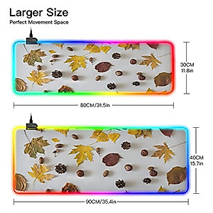 Large RGB Gaming Mouse Pad Autumn Falling Leaves Chestnuts Acorns Isolated Glowing Extended Mousepad 31.5x11.8in, Soft Anti-Slip Rubber Base Luminous Mouse Mat for Pc Laptop, Gaming, Office, Home