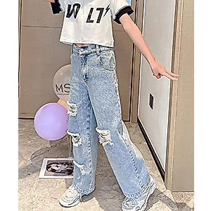 Kids Girls' Casual Wide Leg Baggy Ripped Jeans Cool Loose Fit Distressed Denim Pants Size 5-14 Years(Blue1,12-13 Years)