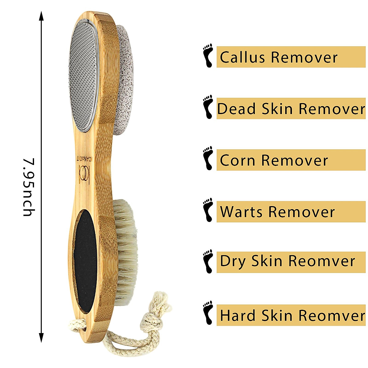 ICDI ICANdOIT Natural Bamboo Foot File Callus Remover-Multi Purpose 4 in 1 Feet Pedicure Kit with Foot Care Boar Bristle Brush,Pumice Stone,Foot Rasp,Sand Paper