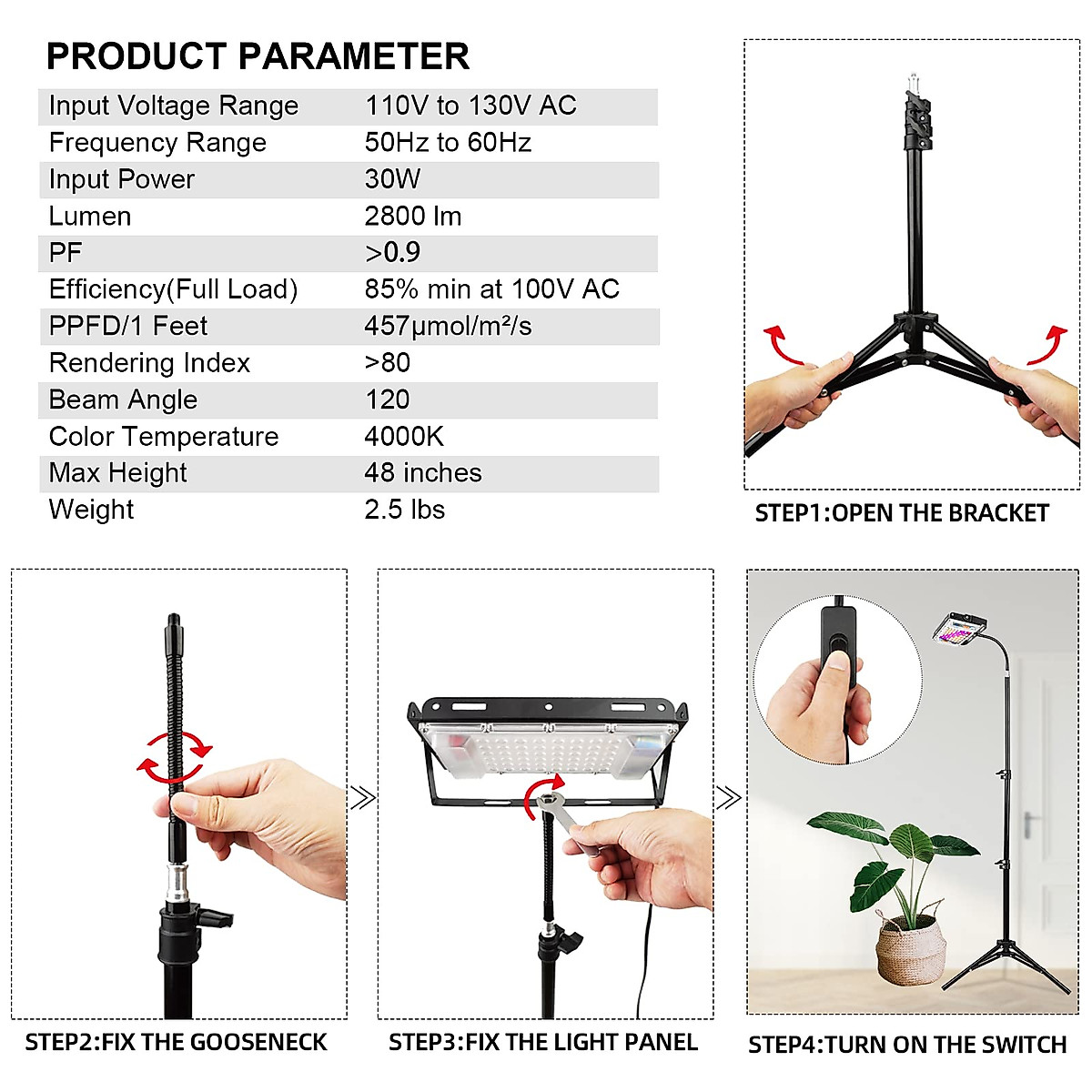LORDEM Plant Grow Light with Stand, 150W Full Spectrum Plant Lamp for Seedlings Indoor Plants, LED Standing Floor Grow Lamp with On/Off Switch, Adjustable Tripod Stand 18-47 Inches