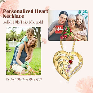 MRENITE 10K/14K/18K Solid Gold Personalized Mom Necklace with 4 Birthstone Name Heart Necklace Engraved 4 Names for Mom Wife