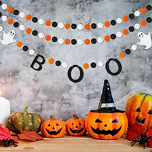 GCQQ Halloween Felt Garland, Boo Felt Garland, Prestrung Ghost Garland with Pompom Balls, Black White Orange Felt Garland, Halloween Garlands for Mantle, Fireplace, Indoor or Outdoor Decoration
