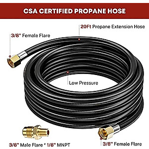 PatioGem Propane Hose Extension 20FT, Both Ends 3/8" Female Flare Propane Hose Assembly, Pipe Fitting 3/8" Flare x 1/8" MNPT, Extension Gas Line for Propane Appliances, LP Gas Hose