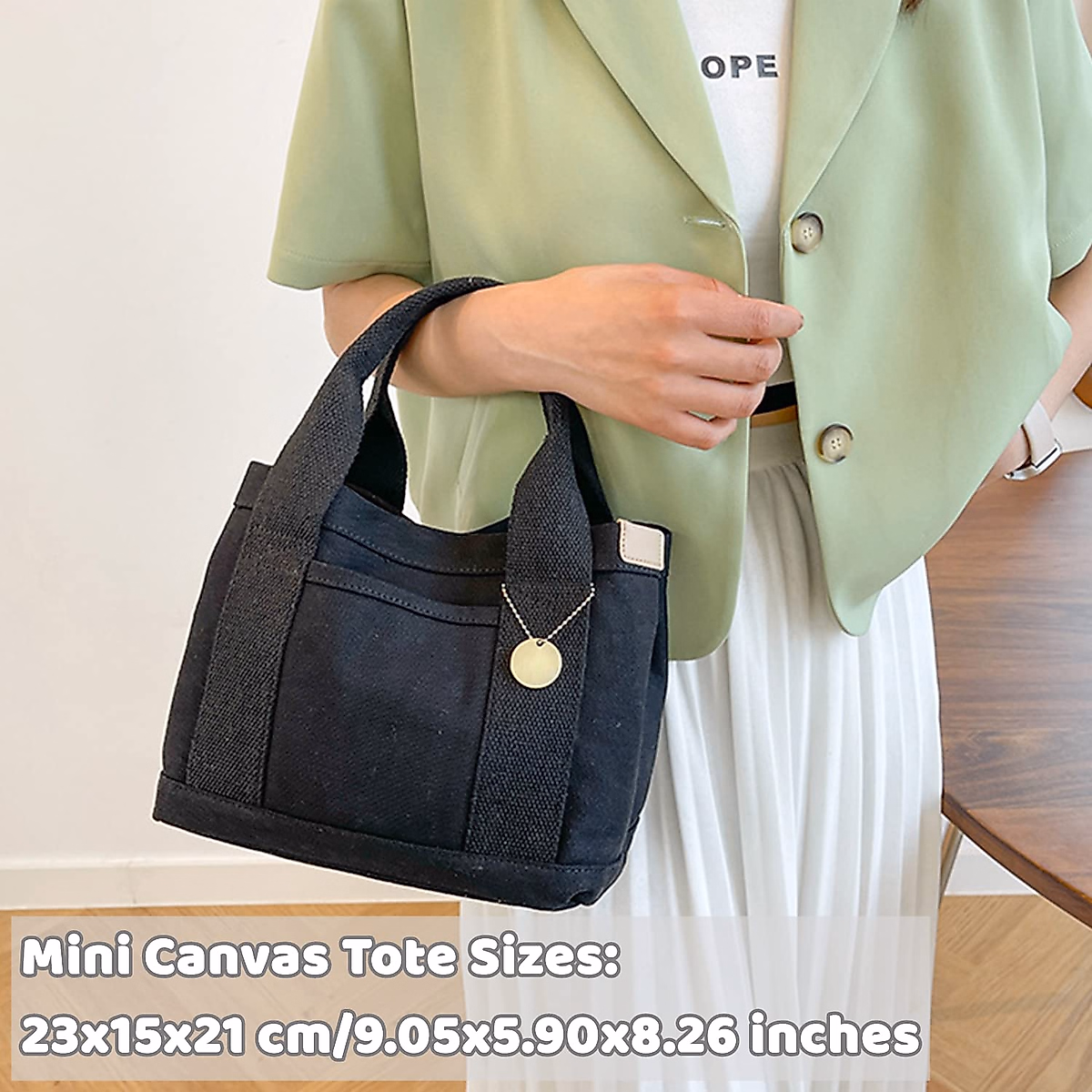 MINGRI Canvas Tote Bag for Women Small Mini Tote Bags with Pockets Small Canvas Handbag Tote Bag with Zipper Mini Tote Purse Mini Travel Bag with Compartments,without Shoulder Strap,Black