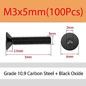 MOOPW Countersunk Bolts - Grade 10.9 Carbon Steel Hex Socket Cap Screw Flat Head Allen Bolts Machine Screws Fasteners M3 M4 M5 M6