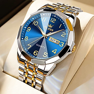 OLEVS Blue Watch for Men Luxury Dress Analog Quartz Silver Stainless Steel Waterproof Luminous Date Diamond Business Two Tone Casual Wrist Watch