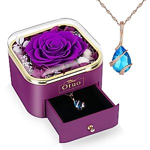 Otuo Preserved Roses Gift Jewerlry Box, Real Eternal Rose Flower with Necklace, Gifts for Girlfriend, Mom, Women, Wife, Birthday and Valentine's Day (Purple)