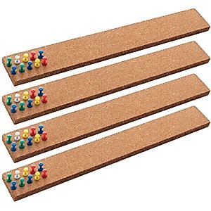 HBlife Cork Board Bulletin Board Bar Strip 15x2 Inch - 1/2 Inch Thick, 100% Natural Frameless Cork Board Strips with 50 Multi-Color Push Pins, Strong Self Adhesive Backing - 4 Pack