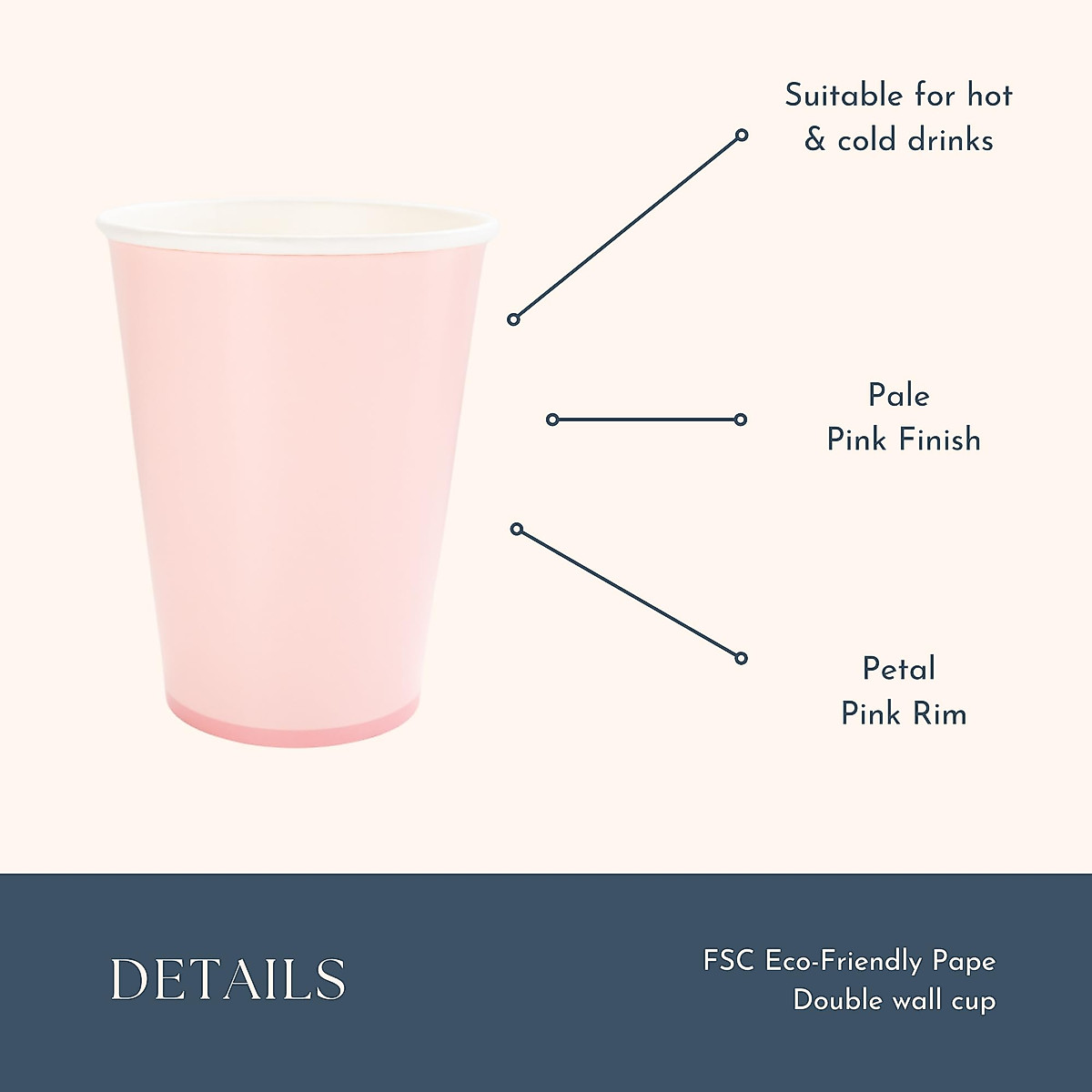 Bonjour Fete Light Pink Premium Paper Party Cups, | Disposable Cups For Baby Shower, Princess Theme, Bridal Shower, Happy Birthday Decorations | Party Supplies Decorations, Pack Of 8, 12oz