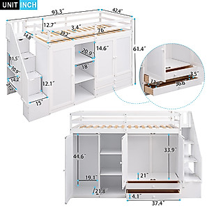 BIADNBZ Functional Twin Size Loft Bed with 3 Shelves, 2 Wardrobes and 2 Drawers,Wooden Bedframe with Storage Stairs for Teens/Bedroom,White