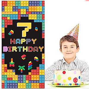 Colorful Building Blocks Happy 7th Birthday Banner Backdrop Background Construction Toys Bricks Blocks Theme Decor for Boy 7th Birthday Party Favors Supplies Decorations