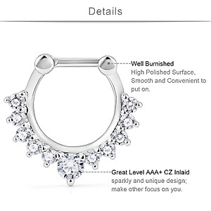 SCERRING 8PCS 16G Stainless Steel Hinged Seamless Septum Hoop Nose Ring Horseshoe Rings Cartilage Daith Tragus Clicker Retainer Body Piercing Jewelry Clear CZ Style 1# Black