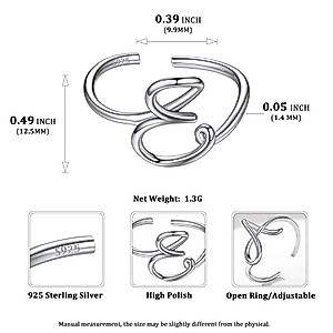 ChicSilver A-Z Initial Letter Rings for Women, 925 Sterling Silver Adjustable Personalized Alphabet Ring(E)