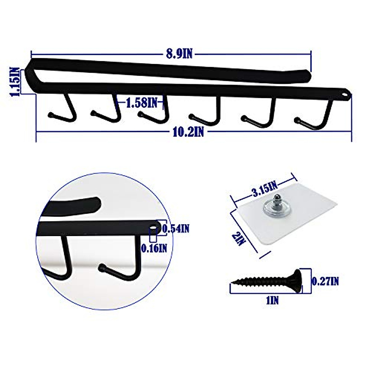 Evadow 5Pack 6-Hook Under Cabinet Mug Hook, Metal Iron Kitchen Storage Utensil Hooks with Free Nails and Screws, Black Wall Organizer Shelf Rack for Mugs, Cups, Teapot and Kitchen Utensils Display