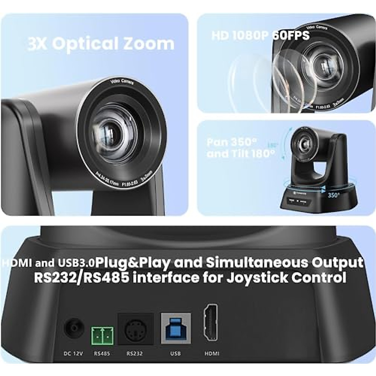 TONGVEO Conference Room HDMI 60fps USB3.0 Camera System with Bluetooth Microphone and Speaker | 3X Optical Zoom 1080P PTZ Video Camera Kit |with Speakerphone | for Church Home Office(UVC1.1)