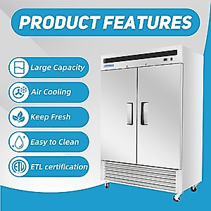 BLUELINETECH 54" W Commercial Refrigerator 2 Solid Door, 47.3 cu. ft Stainless Steel Reach-in Air Cooling Commercial Fridge Cooler for Restuarant ETL