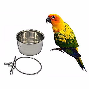 Bird Parrot Feeding Cups Cage Hanging Bowl Stainless Steel Perches Play Stand with Clamp - Bird Coop Cups Seed Water Food Dish Feeder Bowl 10 Ounce