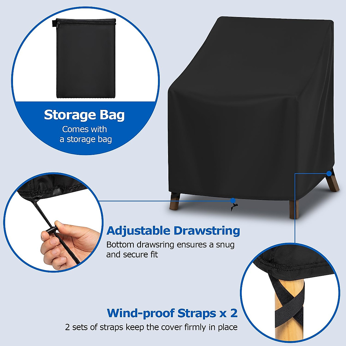 SunPatio Outdoor Chair Covers Waterproof, 2 Pack Patio Chair Covers with Windproof Straps, Outdoor Patio Furniture Covers All Weather Protection, 29" x 30" x 36", Black