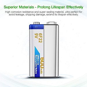 EBL 9 Volt Batteries 600mAh Li-ion Rechargeable 9V Battery Lithium-ion, 6 Packs