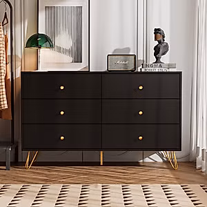 Tradare Black Dresser for Bedroom, 6 Drawer Dresser with Golden Handles, Large Storage Cabinet, Modern Chest of Drawers Organizer Storage for Hallyway, Entryway