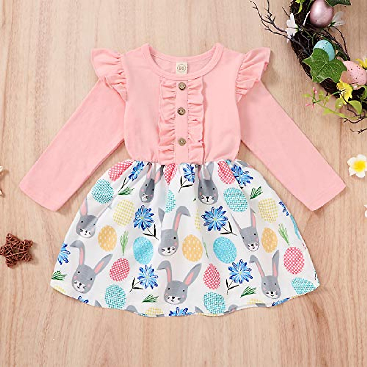 YOUNGER TREE Toddler Baby Girl Easter Outfits Ruffle Long Sleeve Top Bunny Egg Print Skirt One-Piece Girl Dress Clothes (18-24 Months, Pink/Bunny Egg)