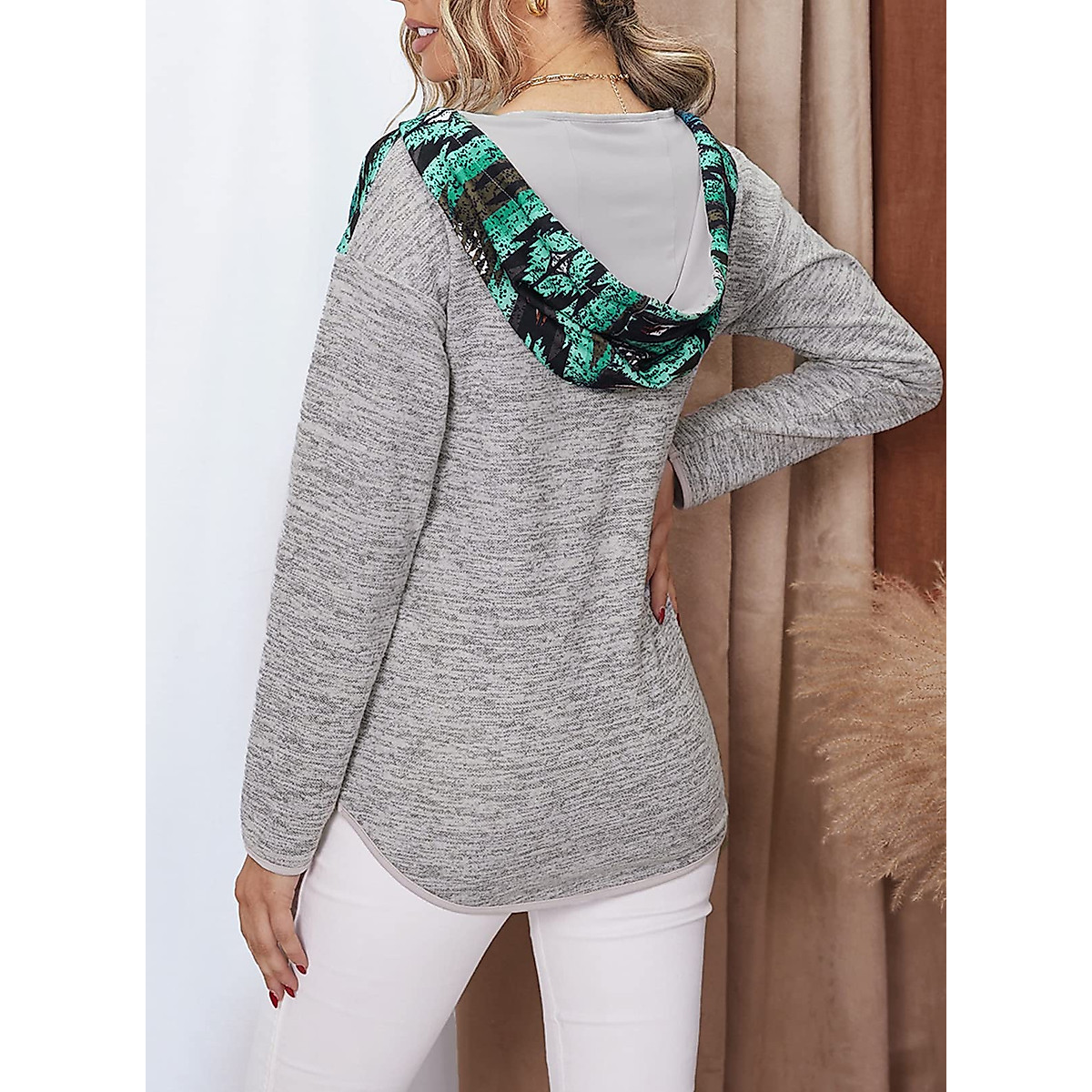 Womens Winter Cute Button Collar Patchwork Color Block Long Sleeve Knit Stitching Drawstring Hoodies Hooded Sweatshirts Women Pullover Casual Fashion Tops Green X-Large