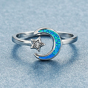Angol Opal Moon Star Ring for Women Sterling Silver Adjustable Crescent Moon Ring 5A+ Cubic Zirconia Statement Hypoallergenic Finger Ring Gift with Box
