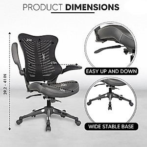 OFFICE FACTOR Executive Ergonomic Office Chair Back Mesh Bonded Leather Seat Flip-up Arms Molded Seat with a 55kg Foam Density Double Handle Mechanism You Can Lock The Back in Any Position (Black)