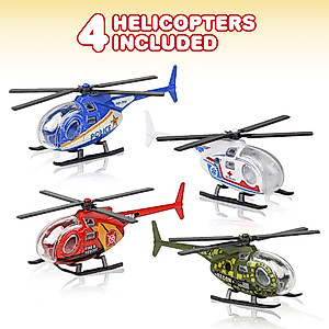 ArtCreativity Diecast Helicopters - Pack of 4 - Police, Fire Engine, EMS, and Military Diecast Toy Choppers with Spinning Propellers, Birthday Party Favors for Boys and Girls
