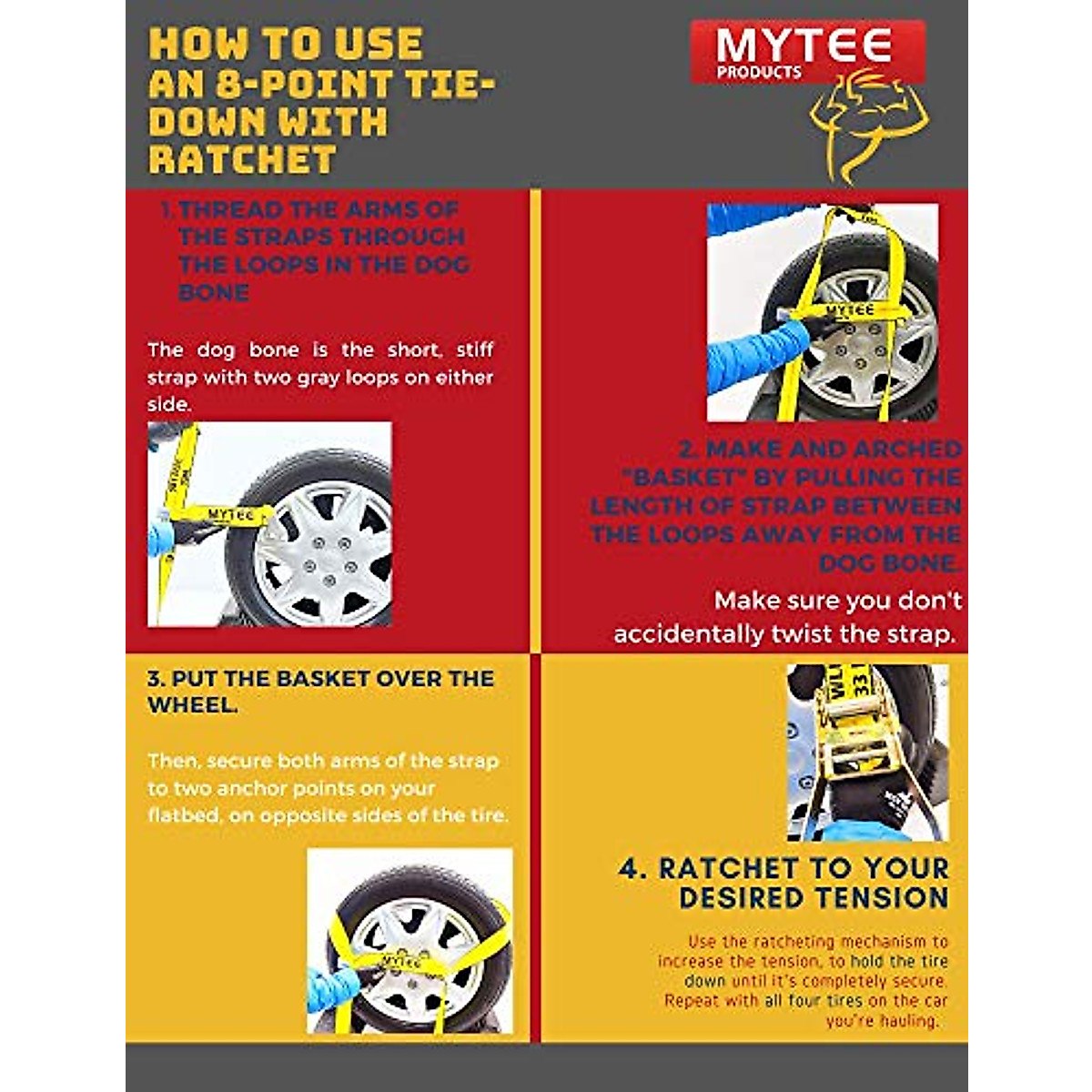 Mytee Products 8 Point Roll Back Vehicle Tie Down Kit with Chain Extension on Both Ends - 18 FT Straps, Ratchet Handles - Working Load Limit 3333 LB - Tow Truck Straps Car Hauler Tie Down System