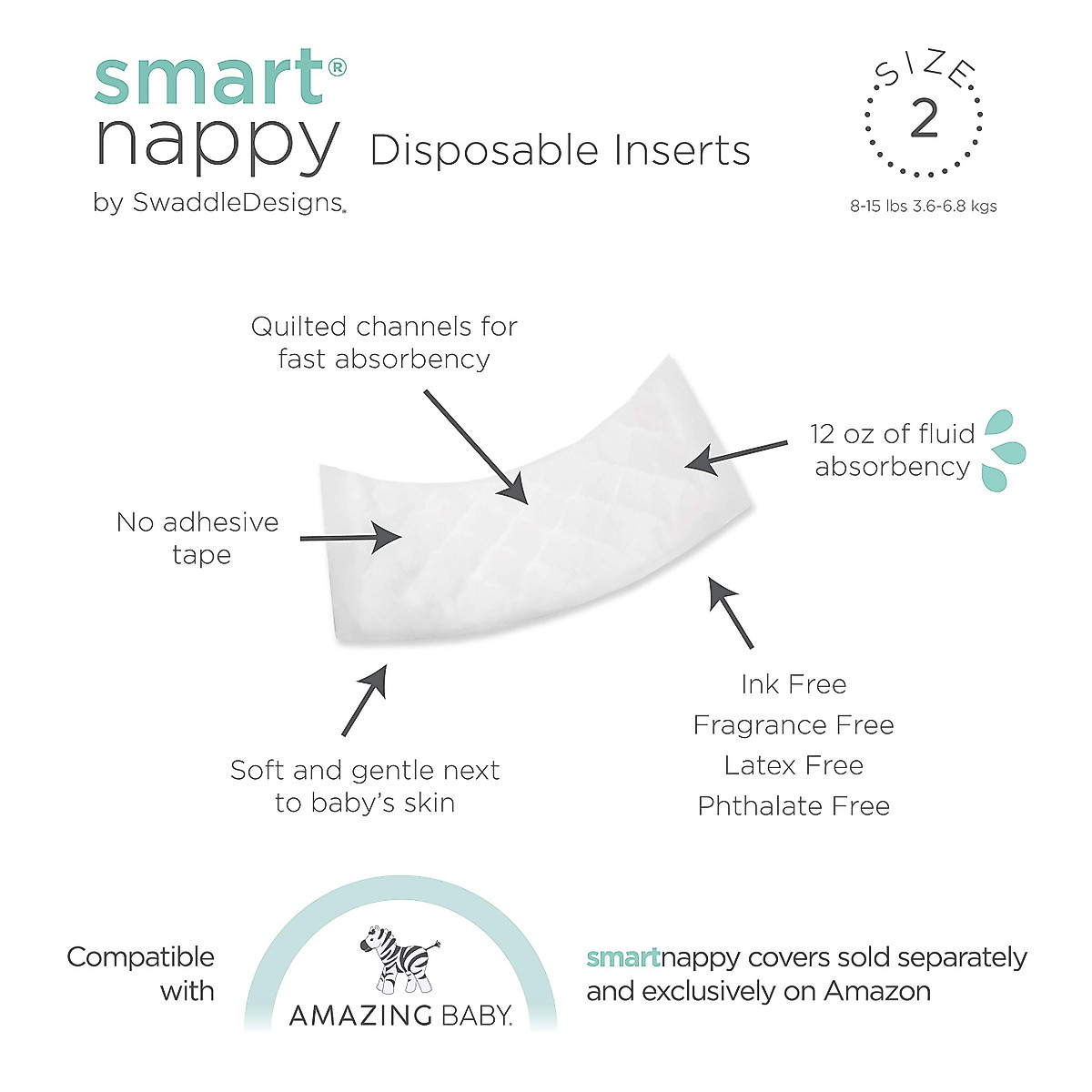 SmartNappy Disposable Inserts for by Amazing Baby Hybrid Diaper Cover, Extra Absorbent, No Plastic Liner, Size 2, 8-15 lbs, 72 Count